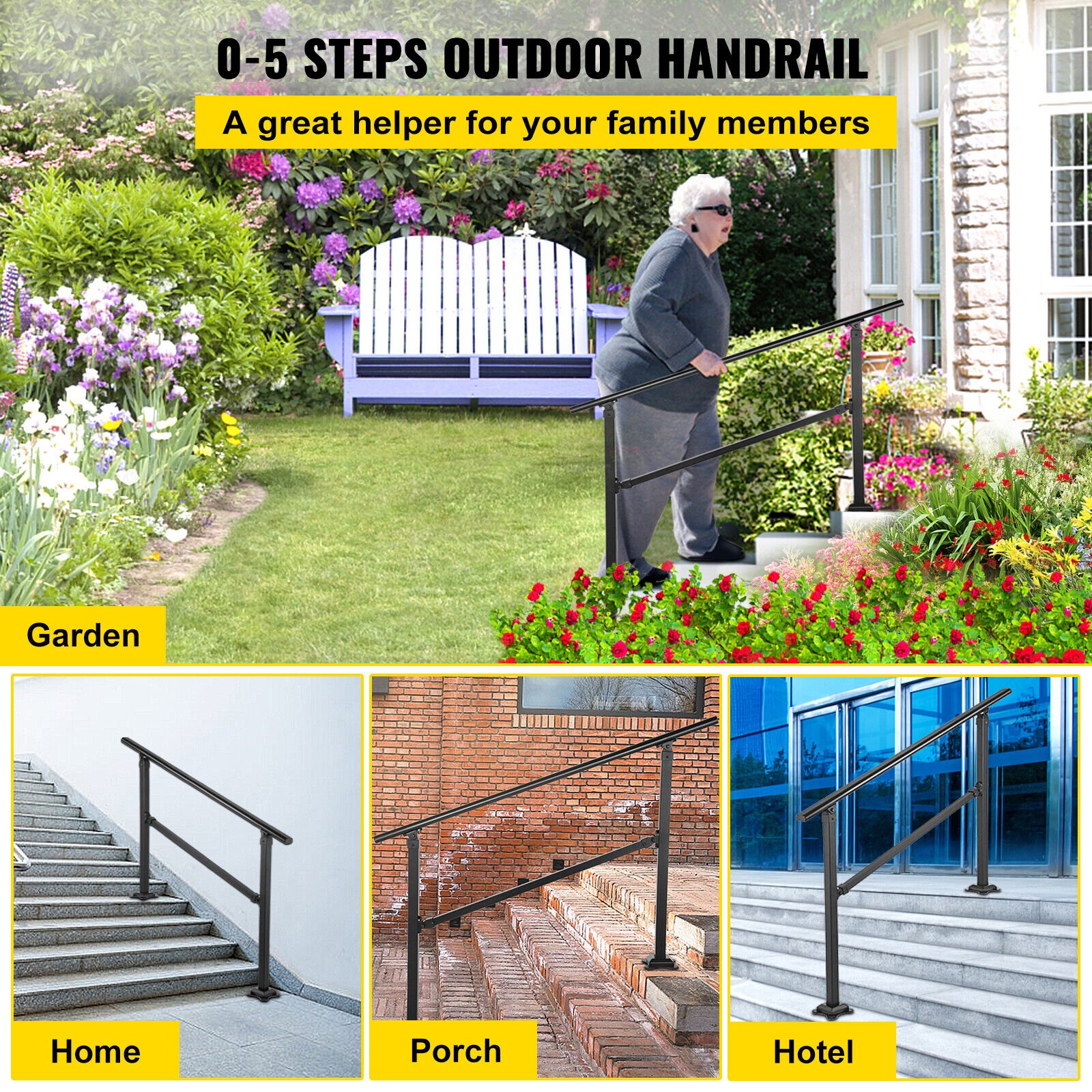 VEVOR Outdoor Stair Railing, Fits for 0-5 Steps Transitional Wrought ...