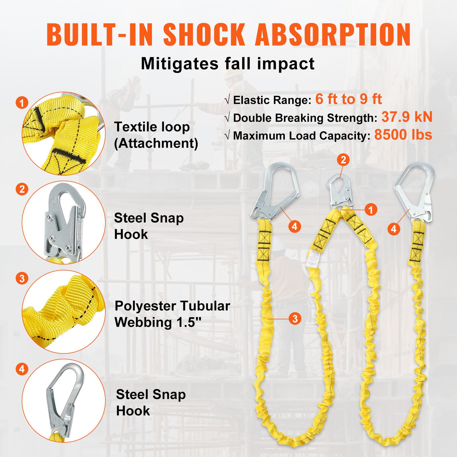 VEVOR 38mm Safety Lanyard, 6ft(1.83m) Fall Protection Lanyard with 2 ...