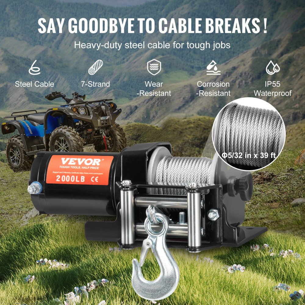 VEVOR Electric Winch, 2000 lb Line Pull Capacity, 12V DC ATV/UTV Winch ...