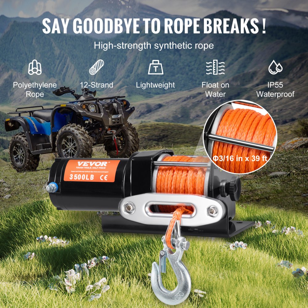 VEVOR Electric Winch ATV UTV 3500 lb Synthetic Rope Waterproof Wired ...