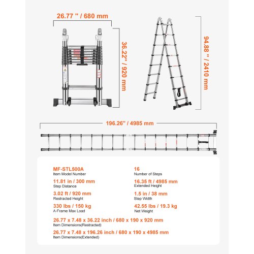 Telescoping Ladder A-Frame Stainless Steel Extension Step 16.5ft ...