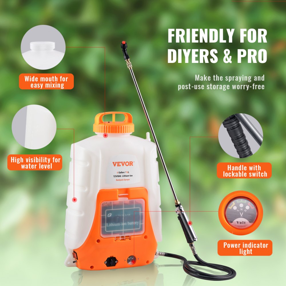 VEVOR VEVOR Battery Powered Backpack Sprayer 4 Gal Tank 0-90 PSI ...
