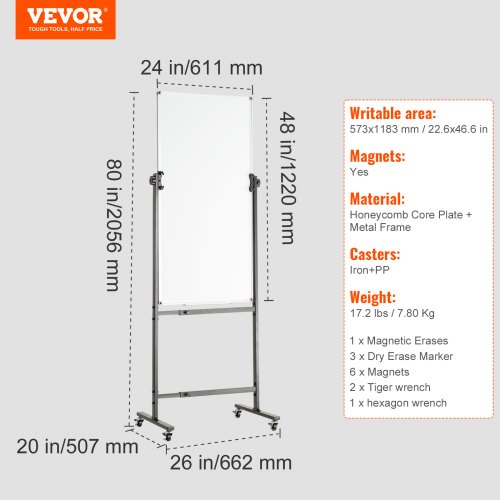 VEVOR Rolling Magnetic Whiteboard, Double-sided Mobile Whiteboard 24x48 ...