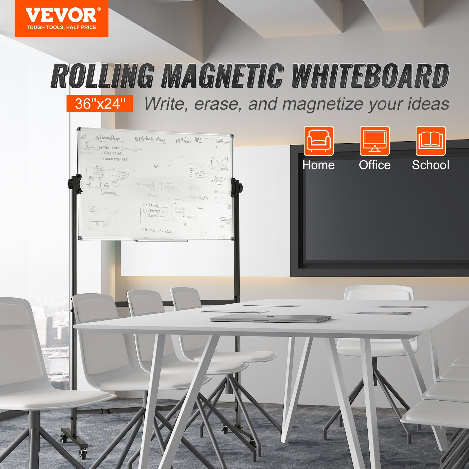 VEVOR Rolling Magnetic Whiteboard, Double-sided Mobile Whiteboard 36x24 ...
