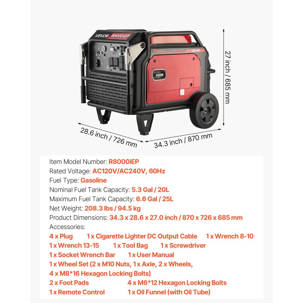 VEVOR Inverter Generator, 10000W Peak Watt Quiet Inverter Generator ...