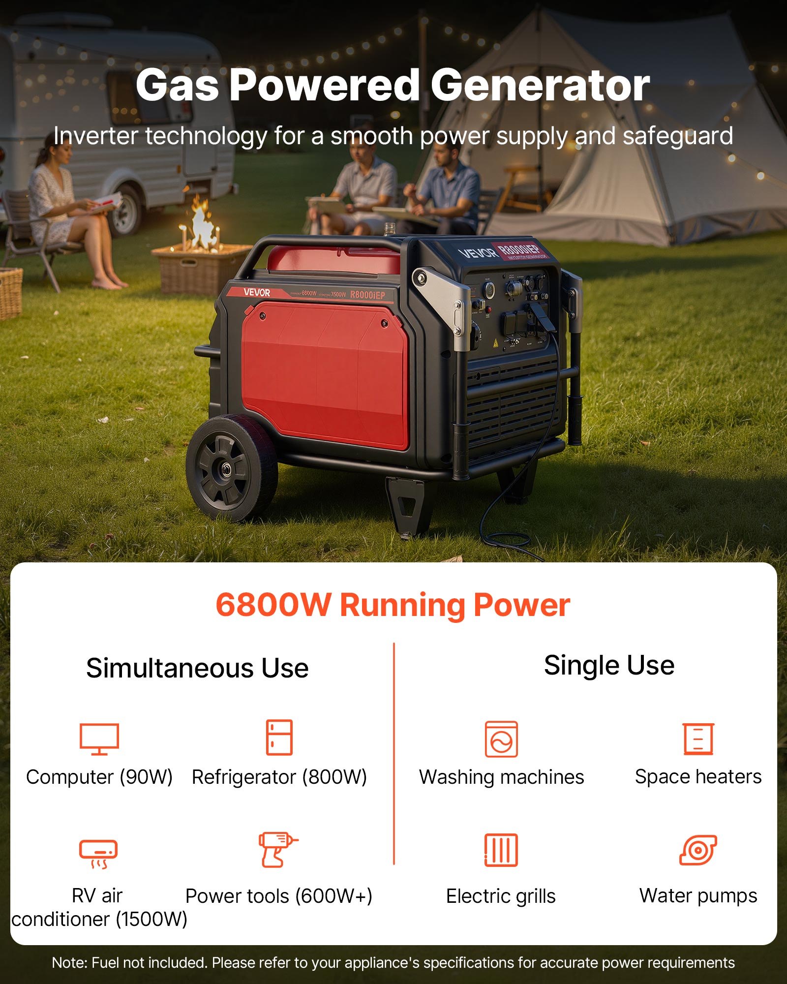 VEVOR Inverter Generator, 10000W Peak Watt Quiet Inverter Generator ...
