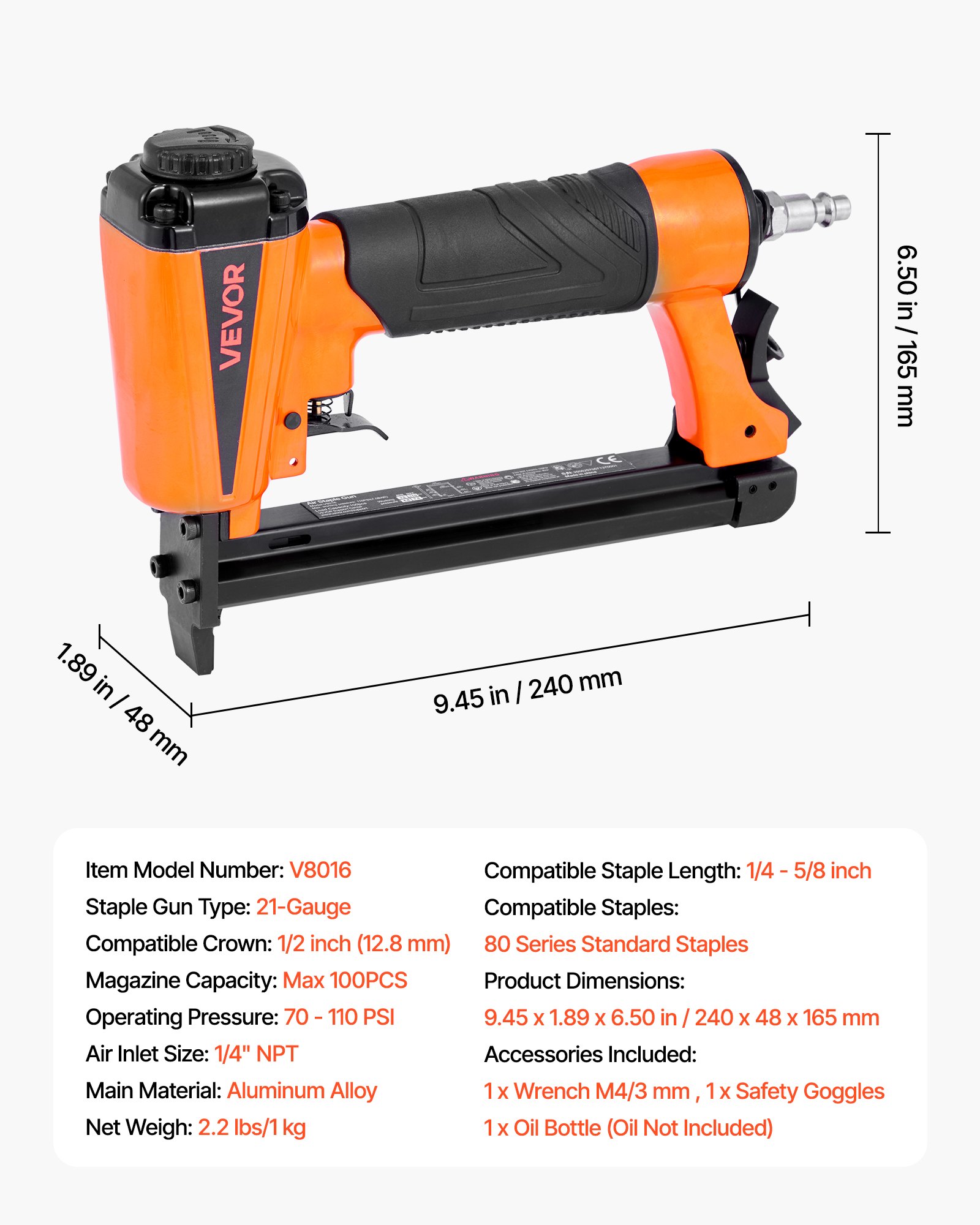 VEVOR Air Compressor Staple Gun – 21G, 100pcs, 70-110 PSI
