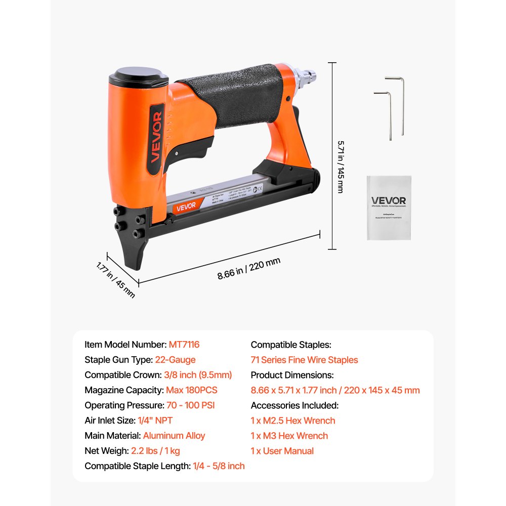 VEVOR Pneumatic Staple Gun, 22 Gauge Air Upholstery Stapler for 71 ...