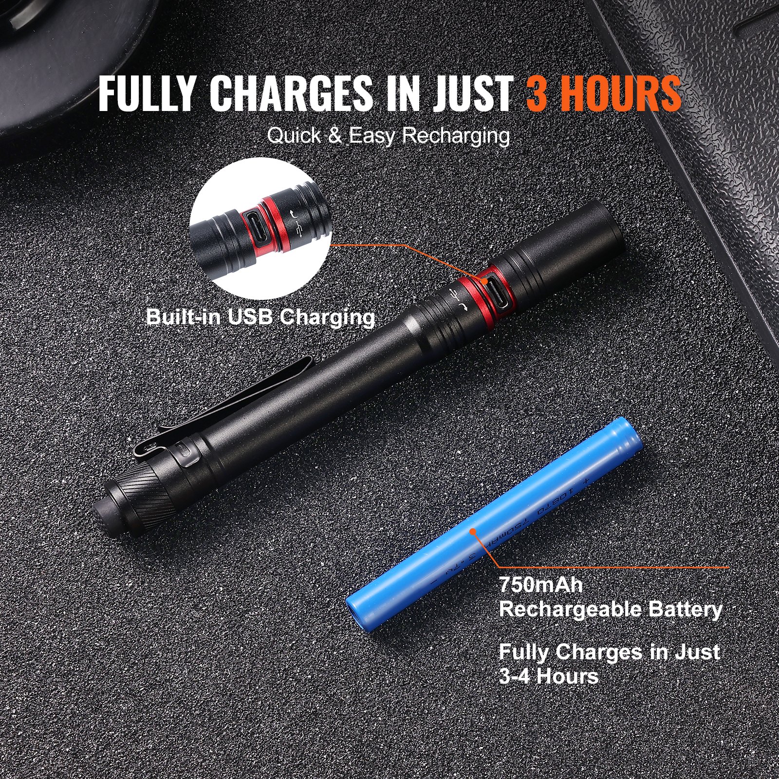 VEVOR 5.9 Inch Rechargeable Penlight 300 lumens 3 Lighting Modes Pocket ...