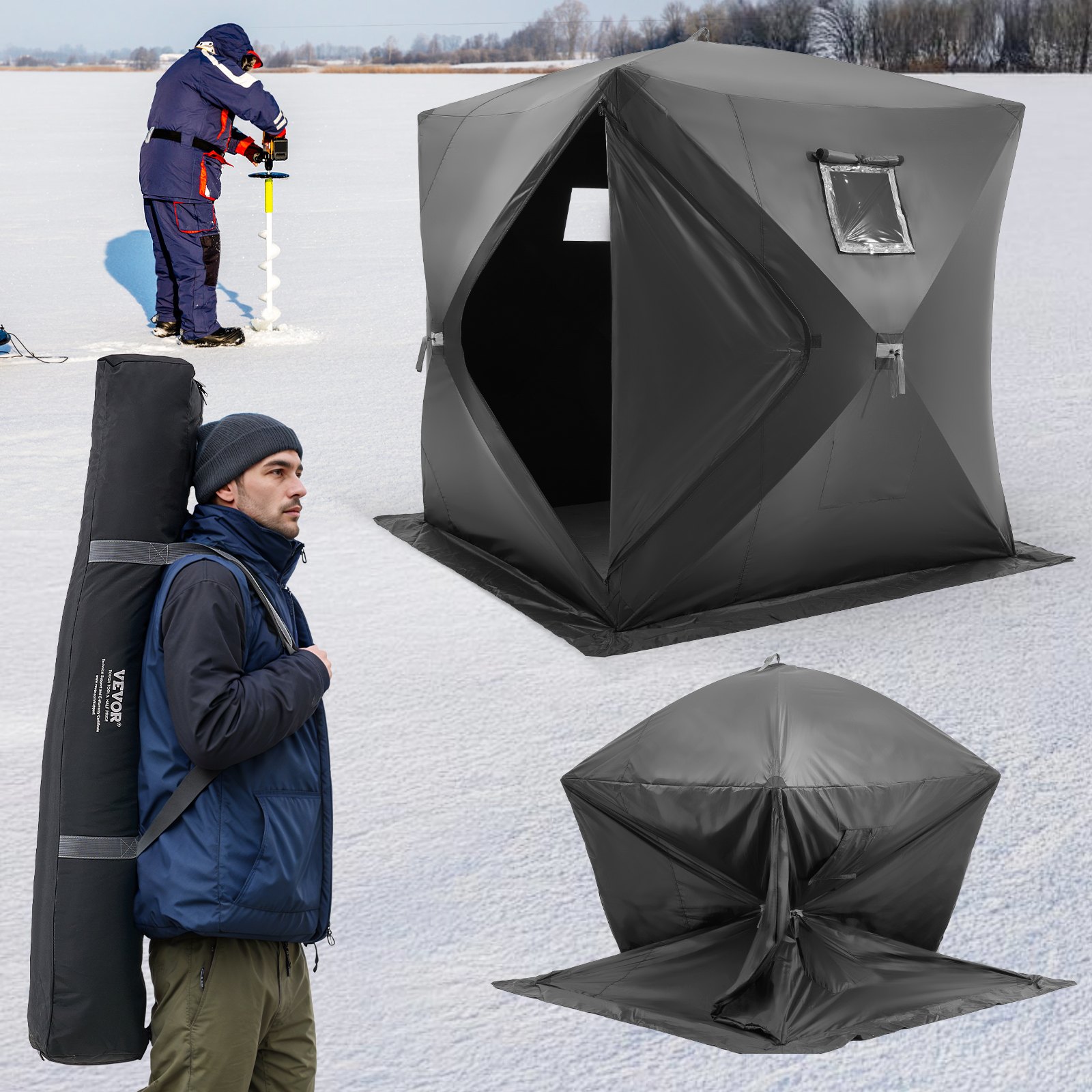VEVOR Portable Ice Shelter, 3-4 Person Pop-Up Ice Fishing Tent, 35 ...