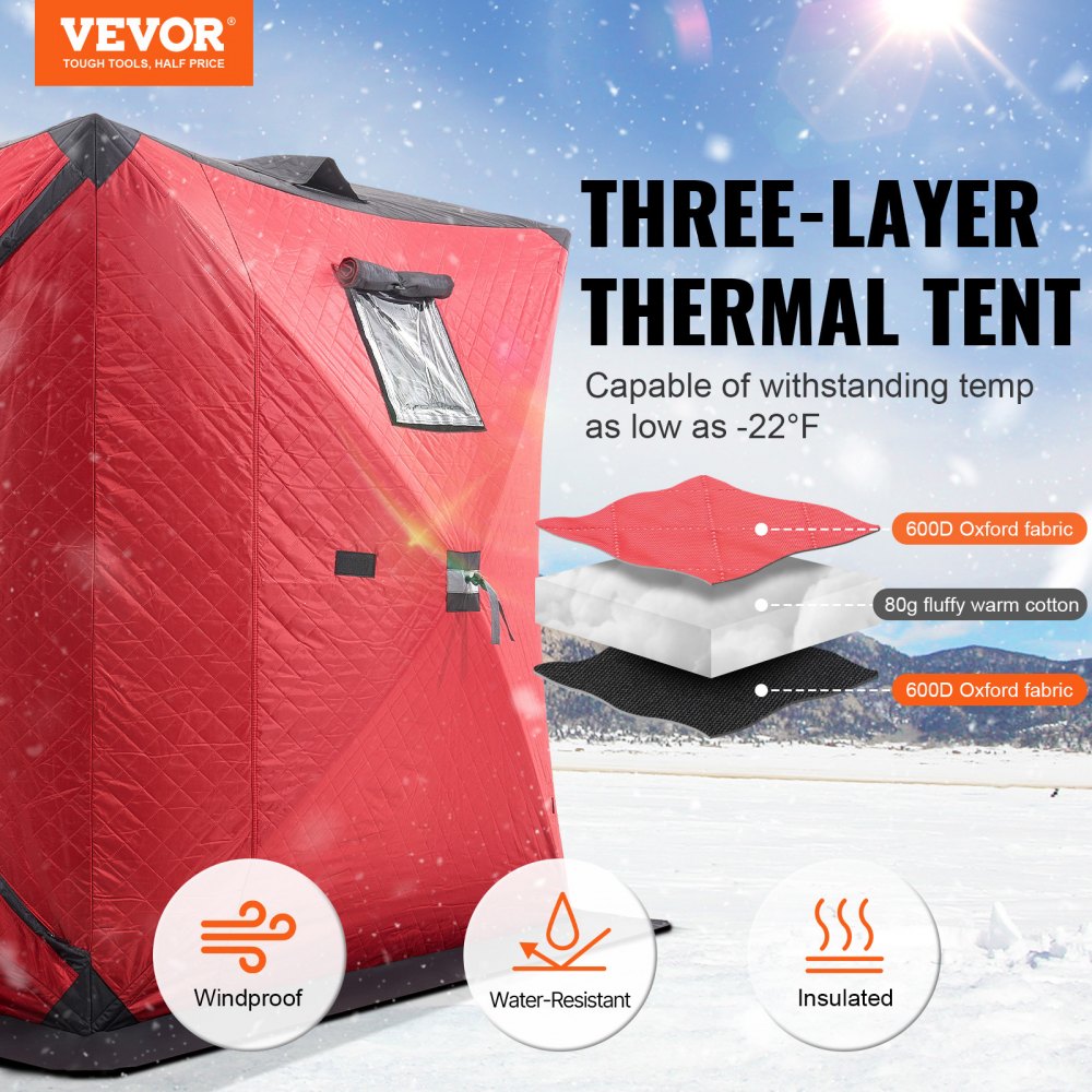VEVOR Portable Ice Shelter, 3-4 Person Insulated Pop-Up Ice Fishing ...