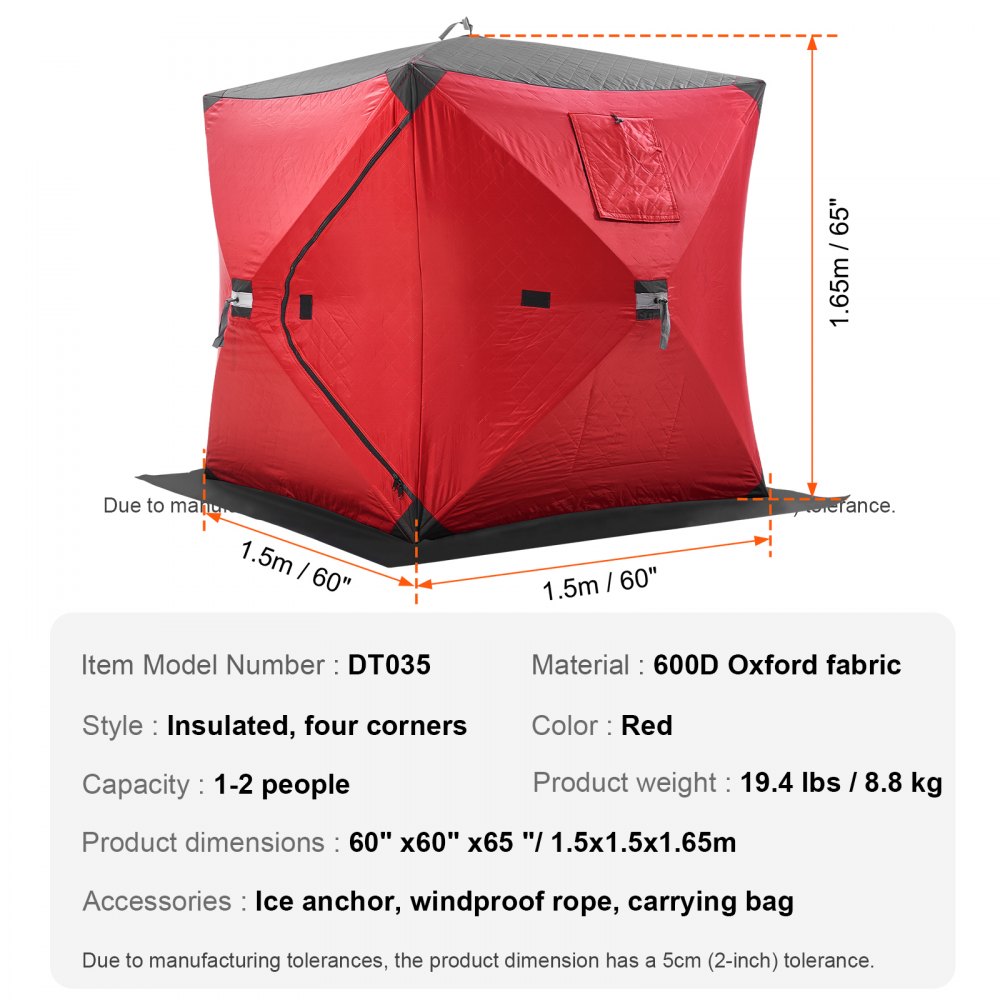 VEVOR Portable Ice Shelter, 1-2 Person Insulated Pop-Up Ice Fishing ...