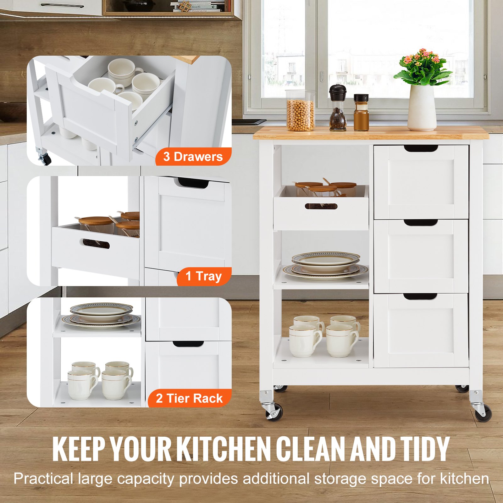 VEVOR Kitchen Island Cart Rolling Storage Cabinet on Wheel with Drawer ...