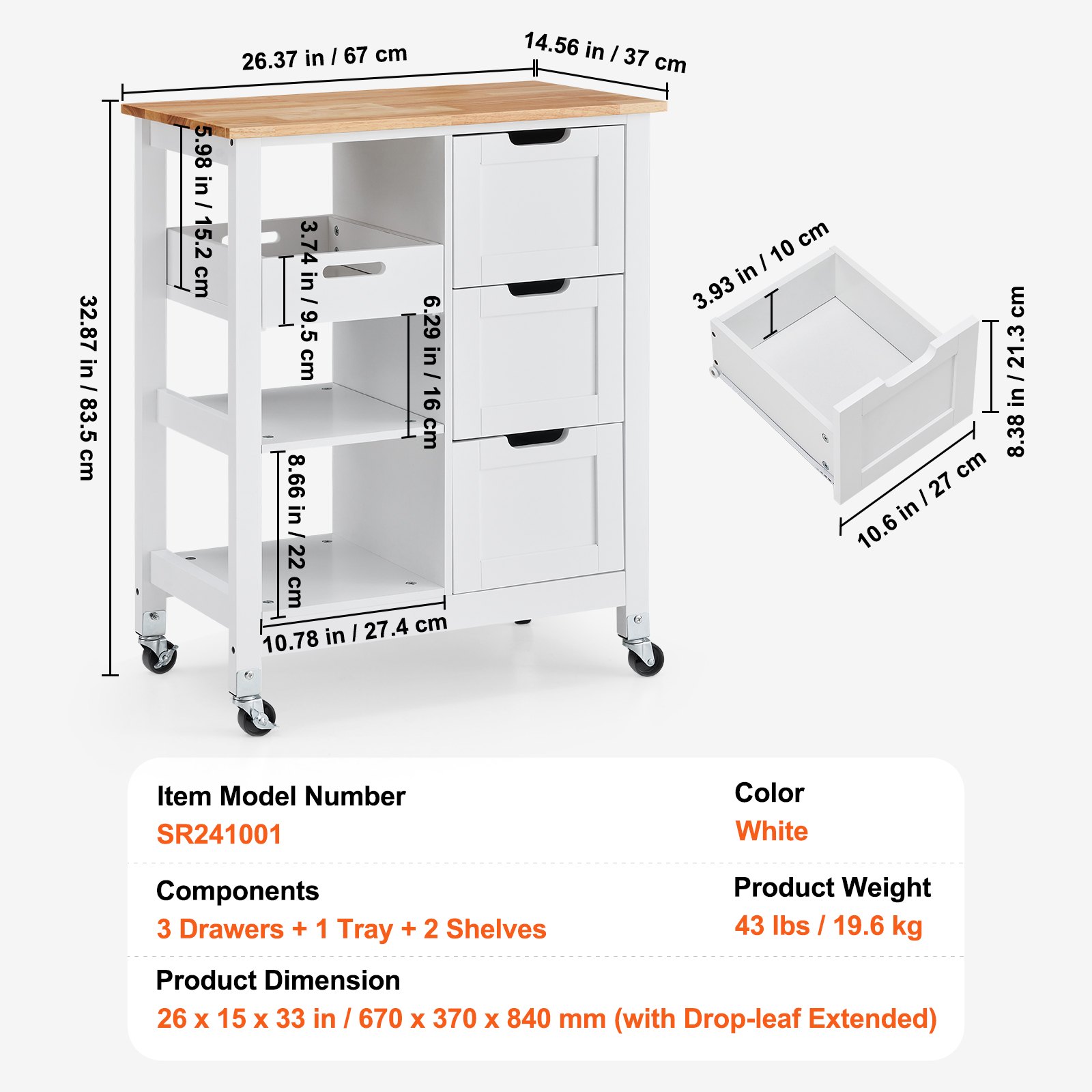 VEVOR Kitchen Island Cart Rolling Storage Cabinet on Wheel with Drawer ...