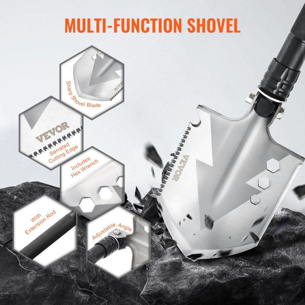 VEVOR Survival Shovel, 8 in 1 Camping Shovel Folding Multitool ...