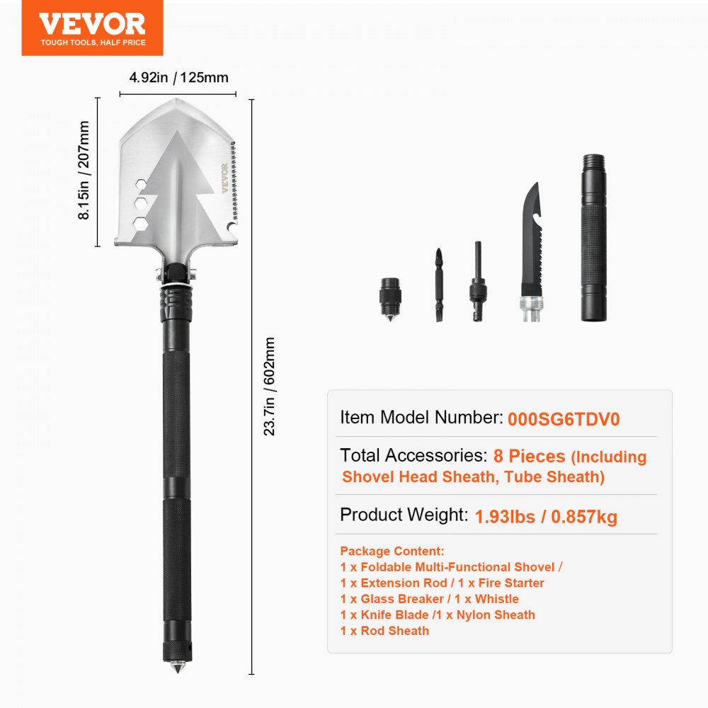 VEVOR Survival Shovel, 8 in 1 Camping Shovel Folding Multitool ...