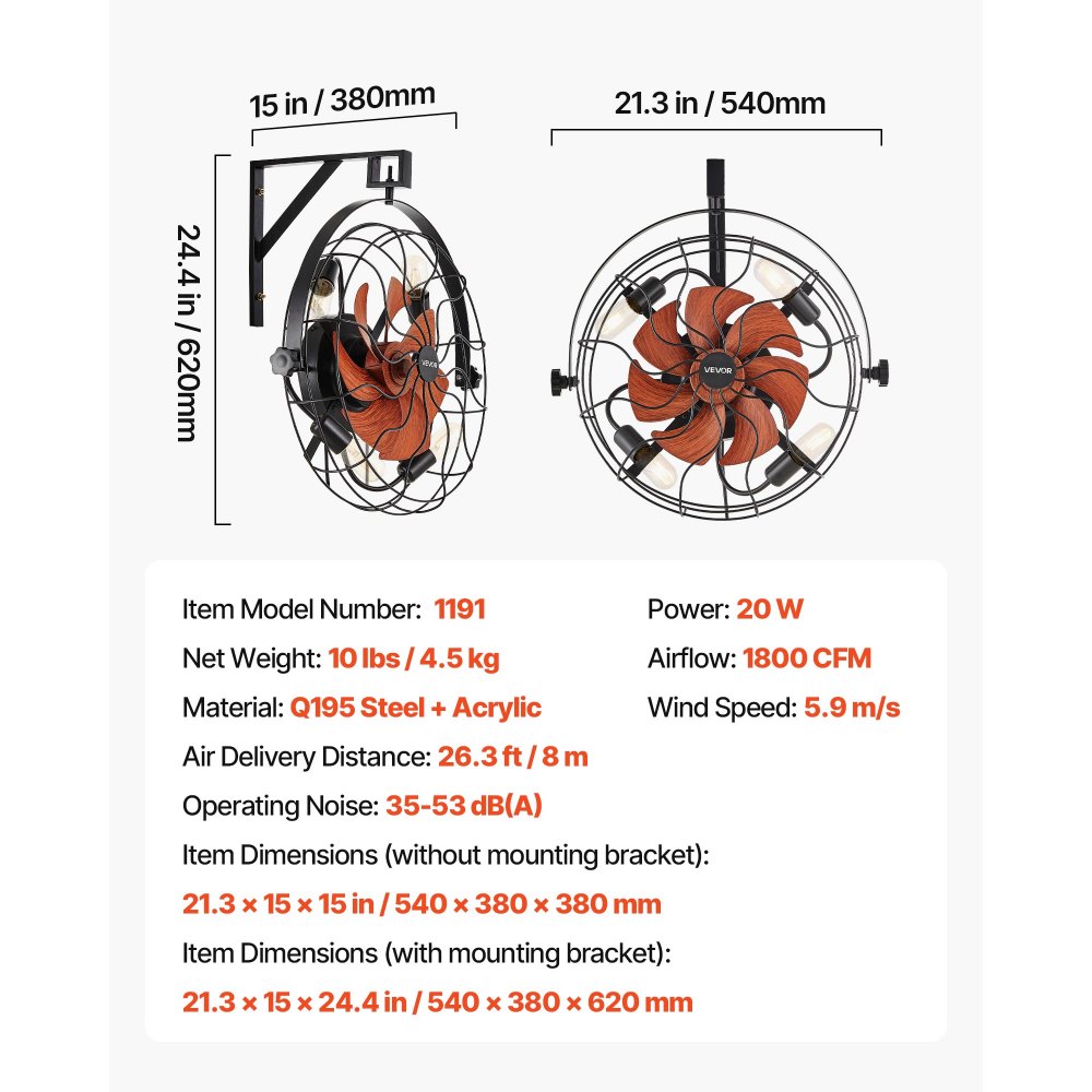 VEVOR Wall Mounted Fan with Lights, 21 inch Wall Mount Fan with Remote ...