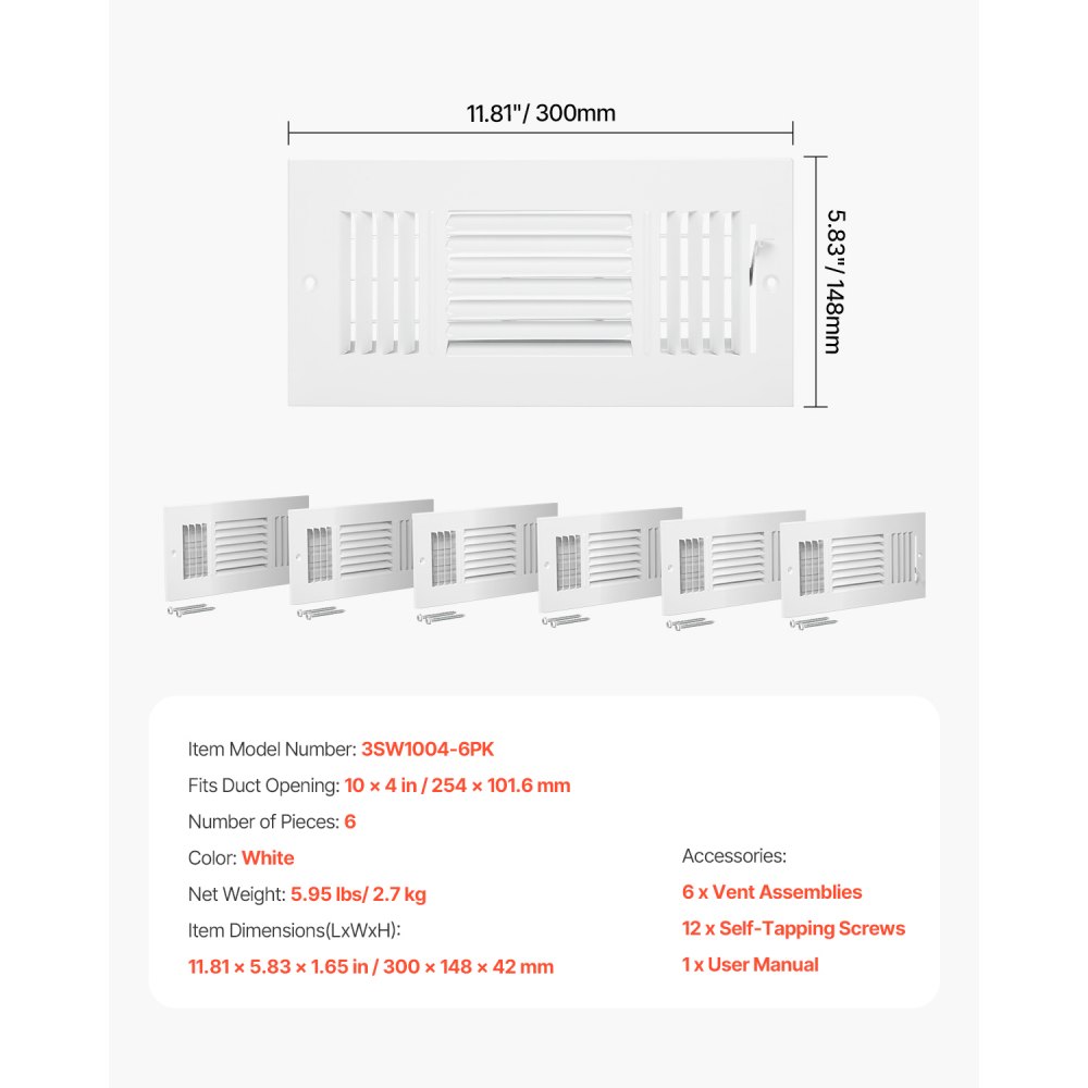 VEVOR 4 x 10 Inch Floor Registers, 6-Pack Floor Vents, HVAC 3-Direction ...