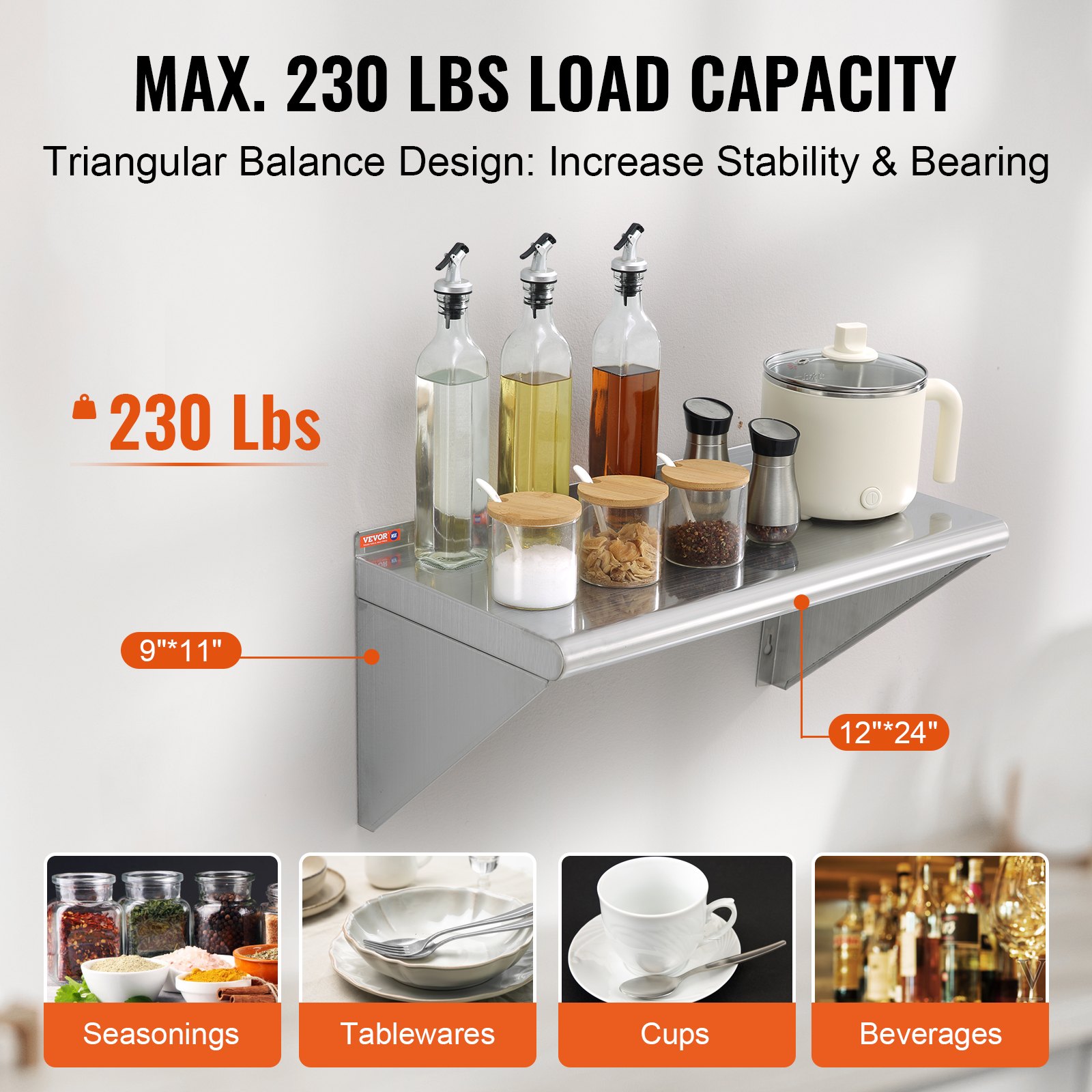 VEVOR 12" x 24" Stainless Steel Shelf, Wall Mounted Floating Shelving ...