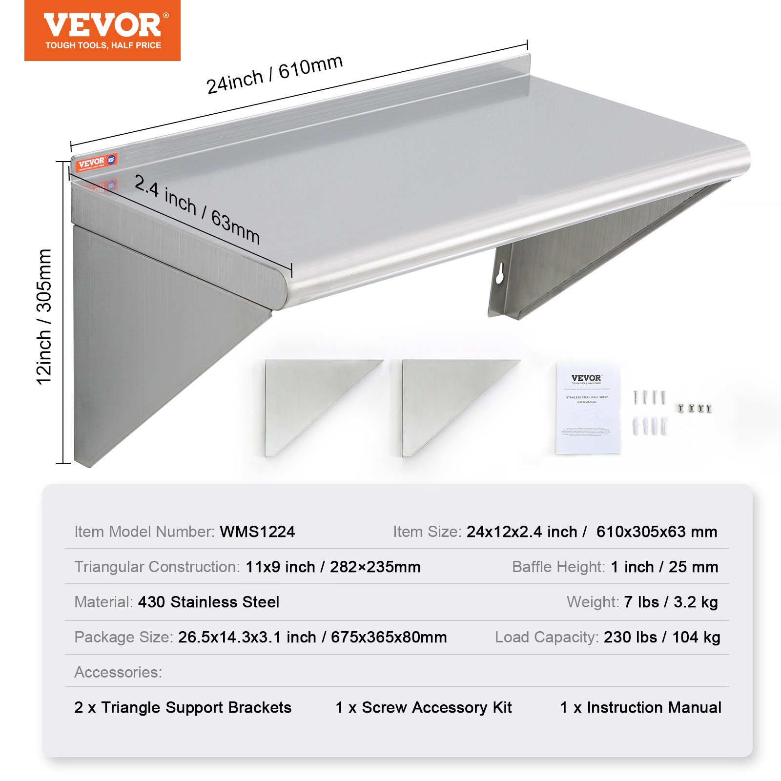 VEVOR 12" x 24" Stainless Steel Shelf, Wall Mounted Floating Shelving ...