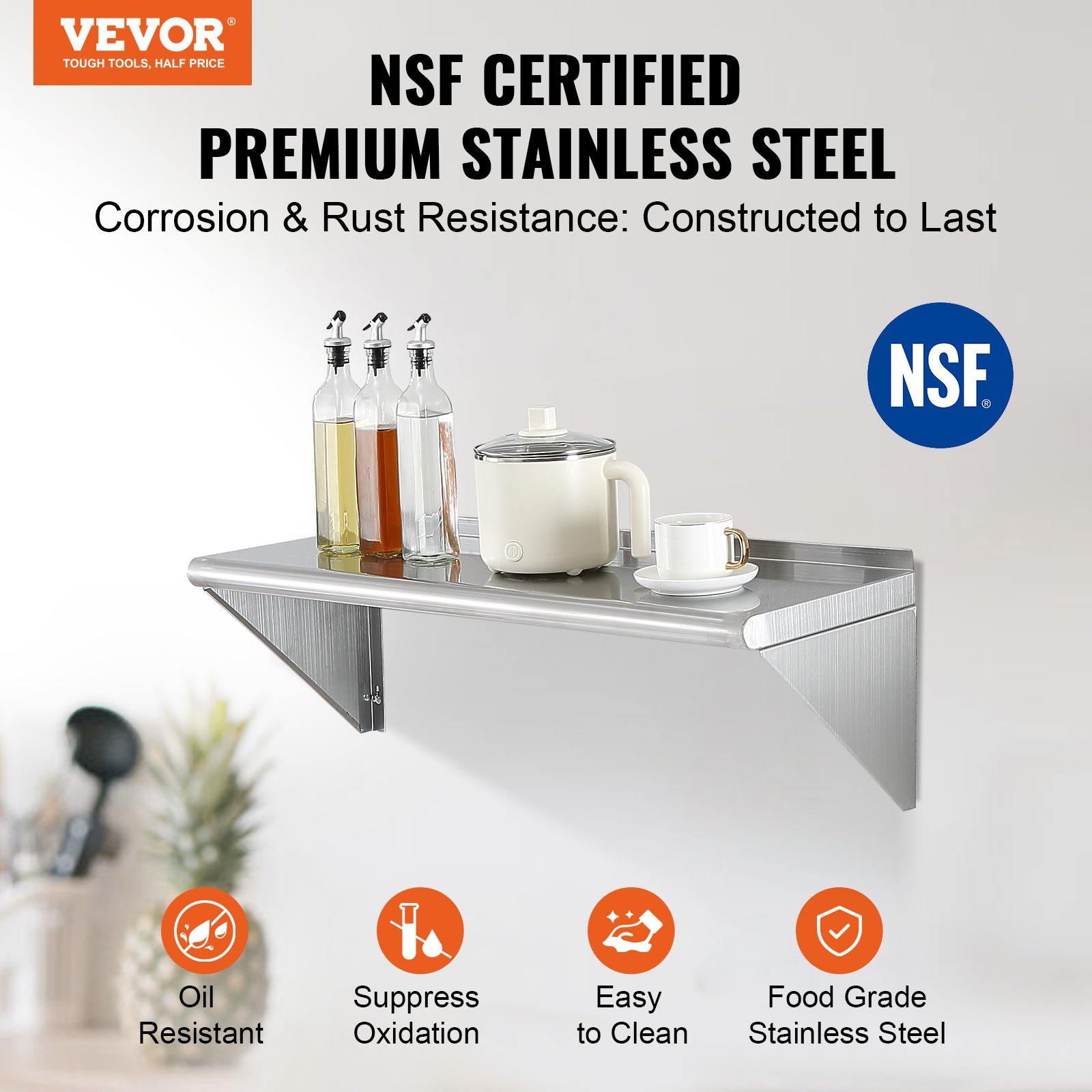 VEVOR 12" x 36" Stainless Steel Shelf, Wall Mounted Floating Shelving ...