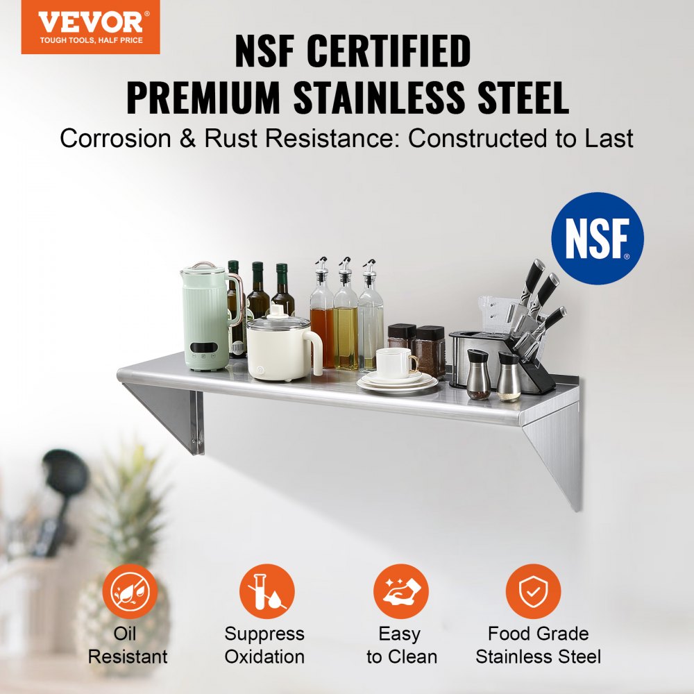 VEVOR 18" x 48" Stainless Steel Shelf, Wall Mounted Floating Shelving ...