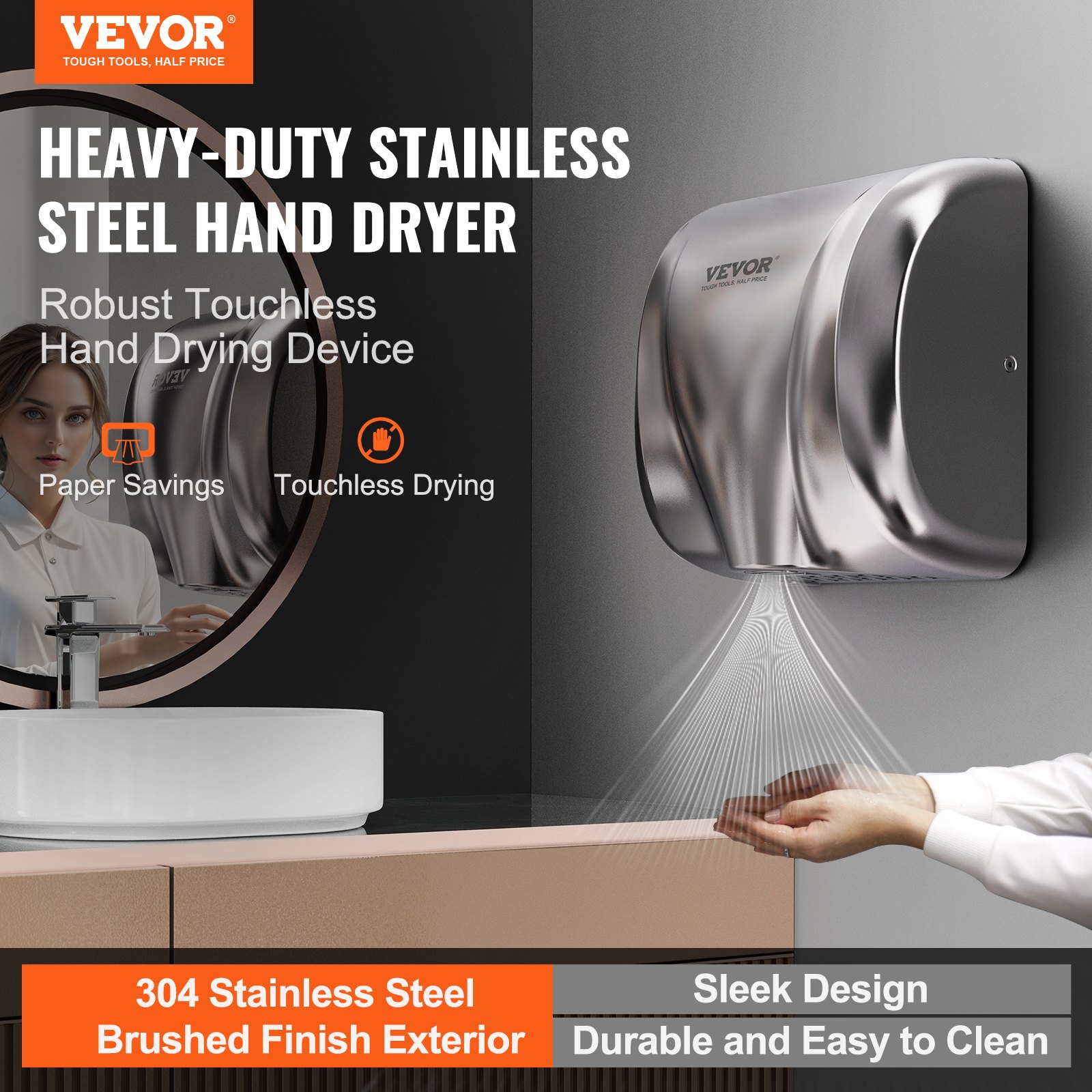 VEVOR Heavy Duty Commercial Hand Dryer, 1800W Automatic High Speed ...
