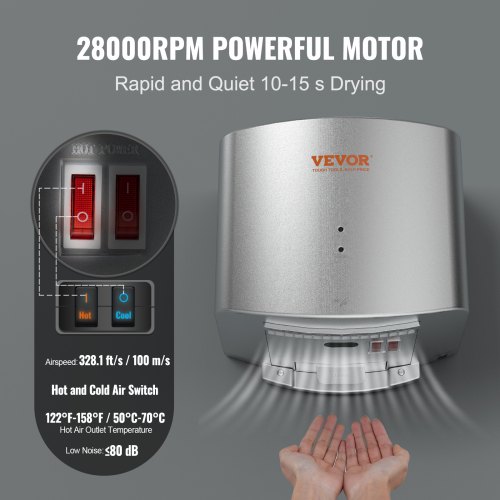 VEVOR Heavy Duty Commercial Hand Dryer, 1400W Automatic High Speed ABS ...