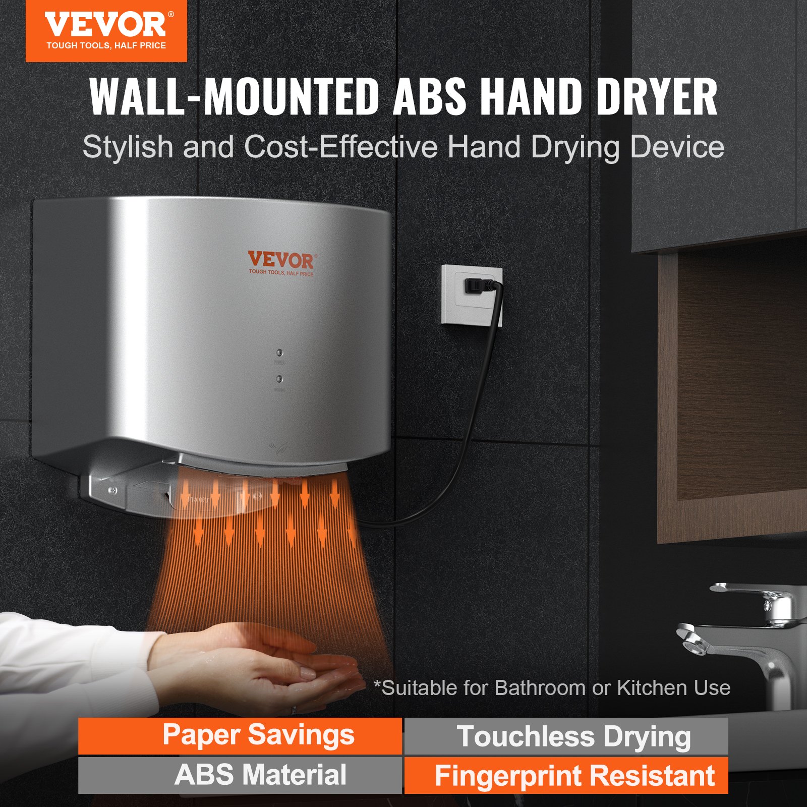 VEVOR Heavy Duty Commercial Hand Dryer, 1400W Automatic High Speed ABS ...