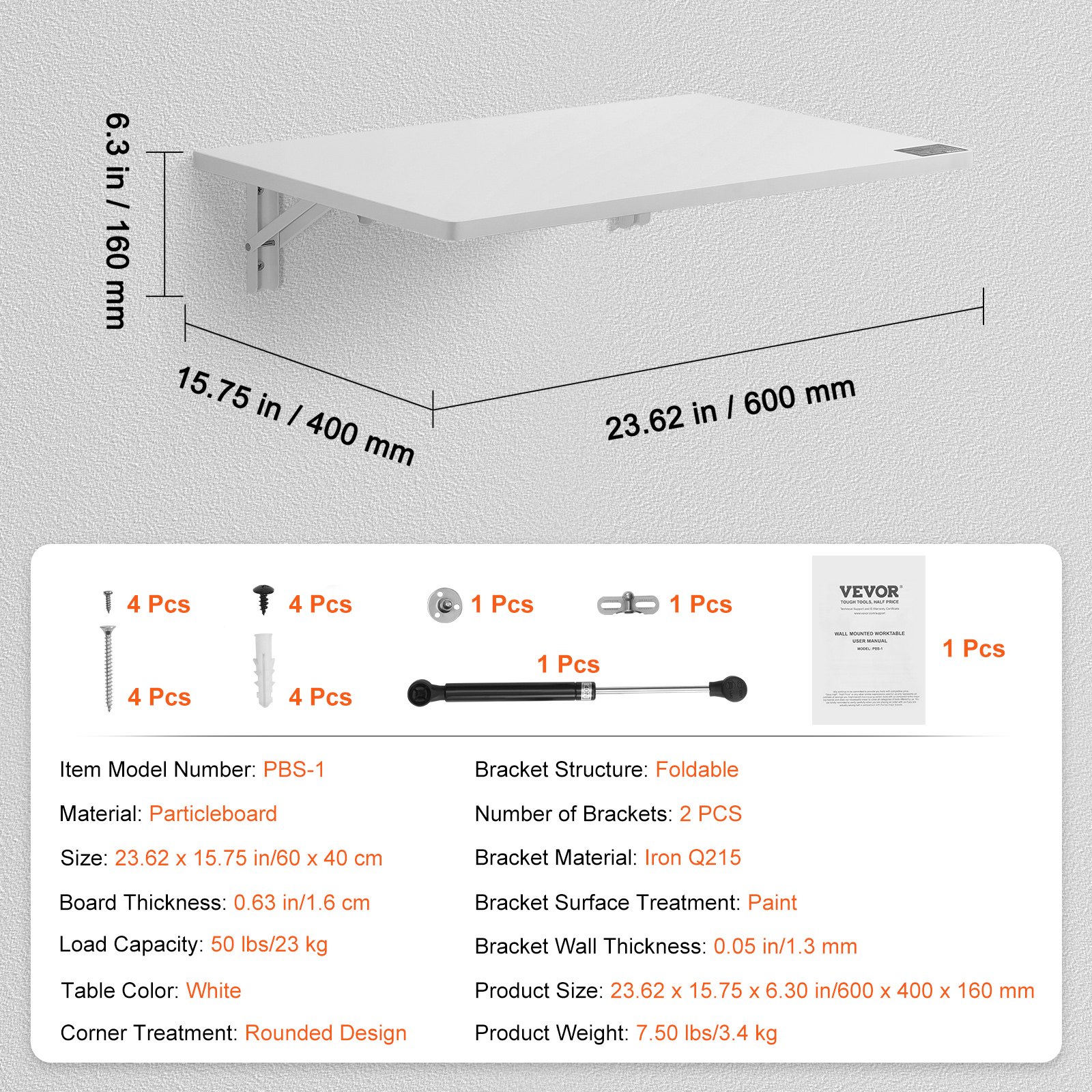 VEVOR Wall Mounted Folding Table, 23.62" x 15.75" Wall Mount Drop Leaf Table, Floating Desk with ...