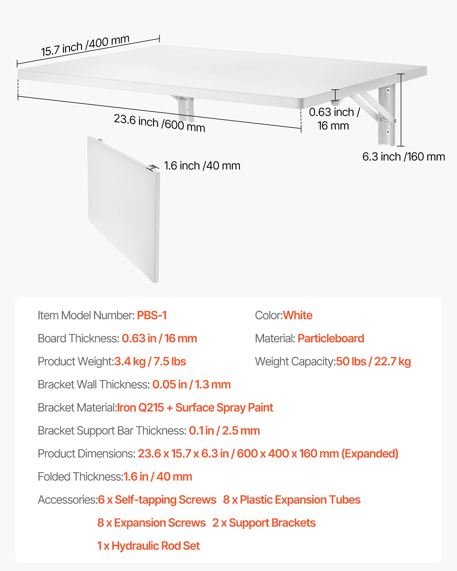 VEVOR Wall Mounted Folding Table, 23.6 x 15.7 inches Wall Mount Table ...