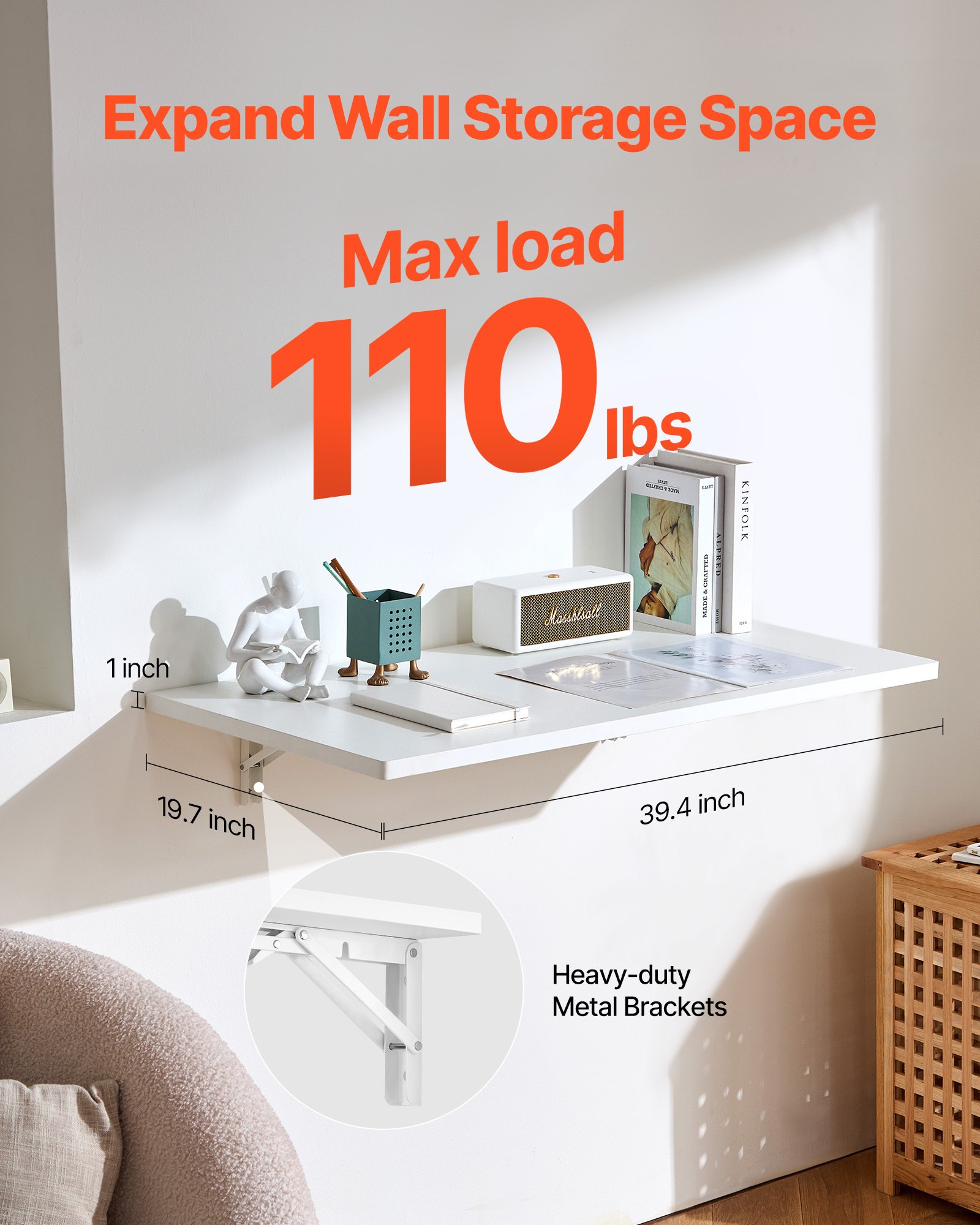 VEVOR Wall Mounted Folding Table, 39.4 x 19.7 inches Wall Mount Table ...