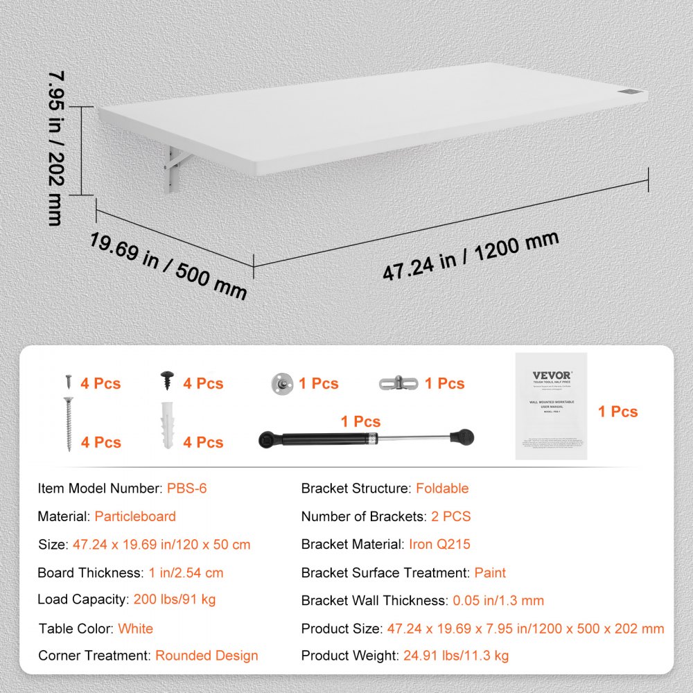 VEVOR Wall Mounted Folding Table, 47.24" x 19.69" Wall Mount Drop Leaf Table, Floating Desk with ...