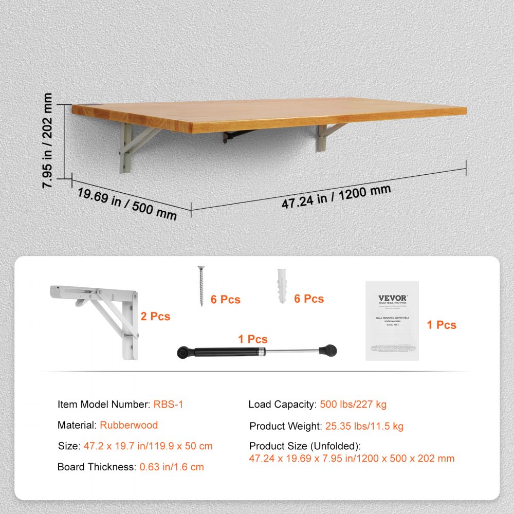 VEVOR Wall Mounted Folding Table, 47.24" x 19.69" Wall Mount Drop Leaf ...