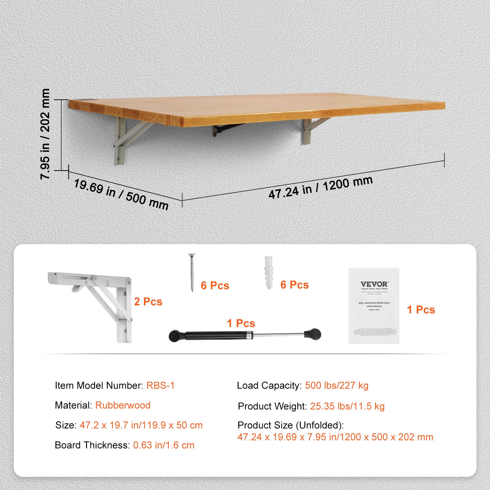 VEVOR Wall Mounted Folding Table, 47.24" x 19.69" Wall Mount Drop Leaf ...