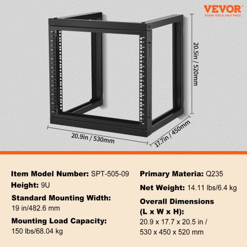 VEVOR 9U Wall Mount Rack 150 lbs/68.04 kg Open Frame Server Network ...