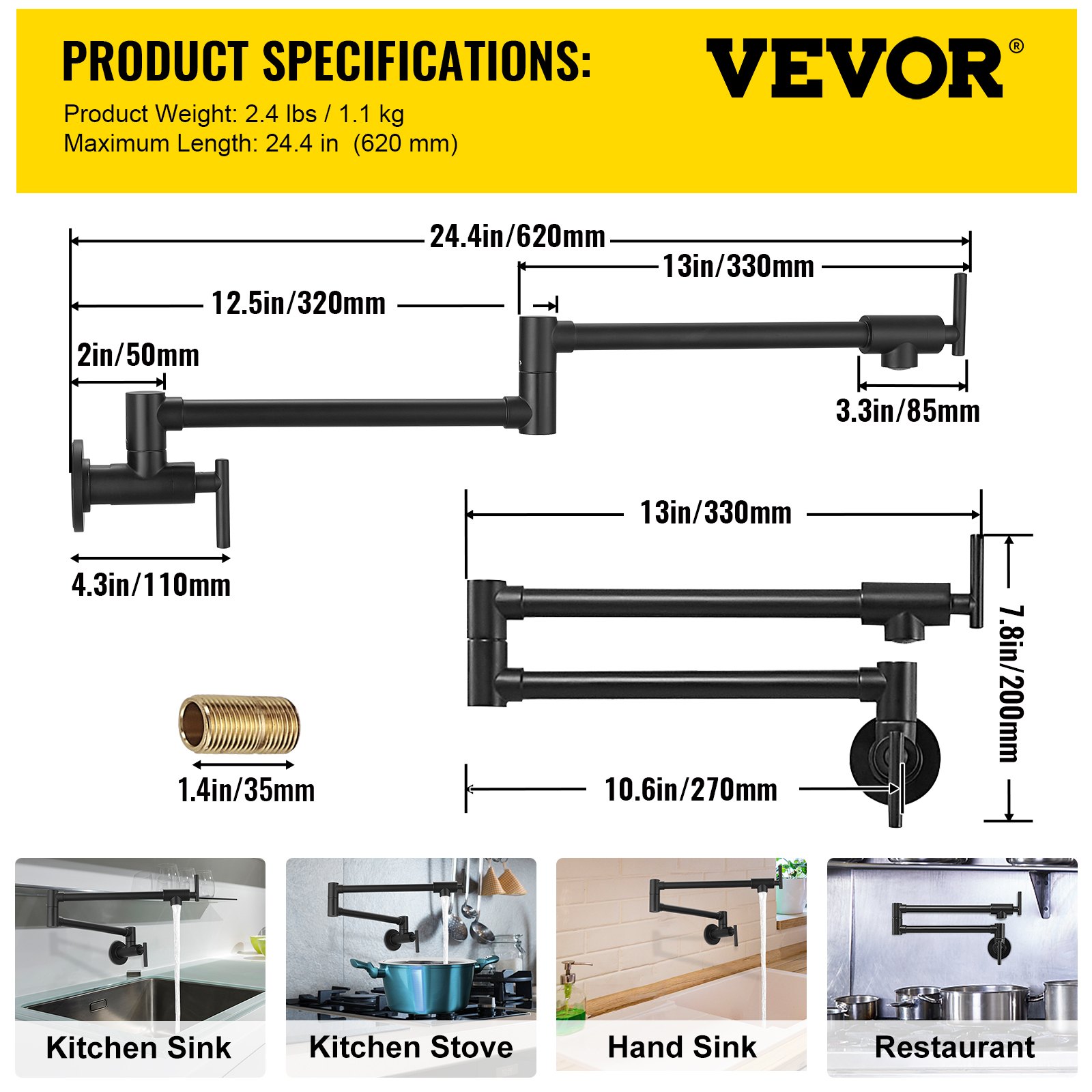 VEVOR Pot Filler Faucet, Solid Brass Commercial Wall Mount Kitchen ...