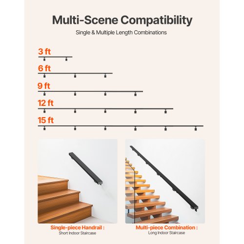 VEVOR Wall Mounted Stair Handrail, 15ft Black Aluminum Staircase ...