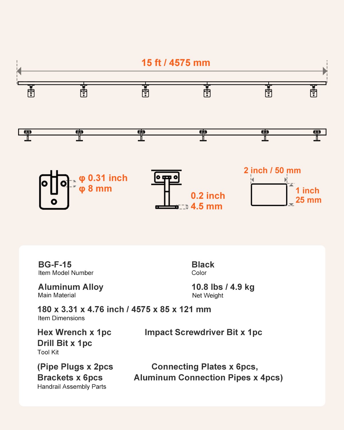 VEVOR Wall Mounted Stair Handrail, 15ft Black Aluminum Staircase ...