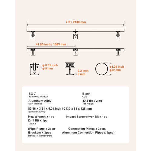 7ft Wall Mounted Stair Handrail Black Aluminum Indoor Outdoor Railing ...