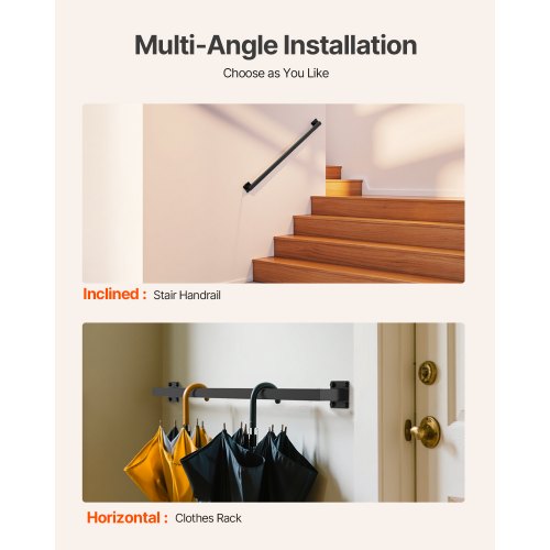 4ft Wall Mounted Stair Handrail Black Iron 250lbs Load Capacity Square ...