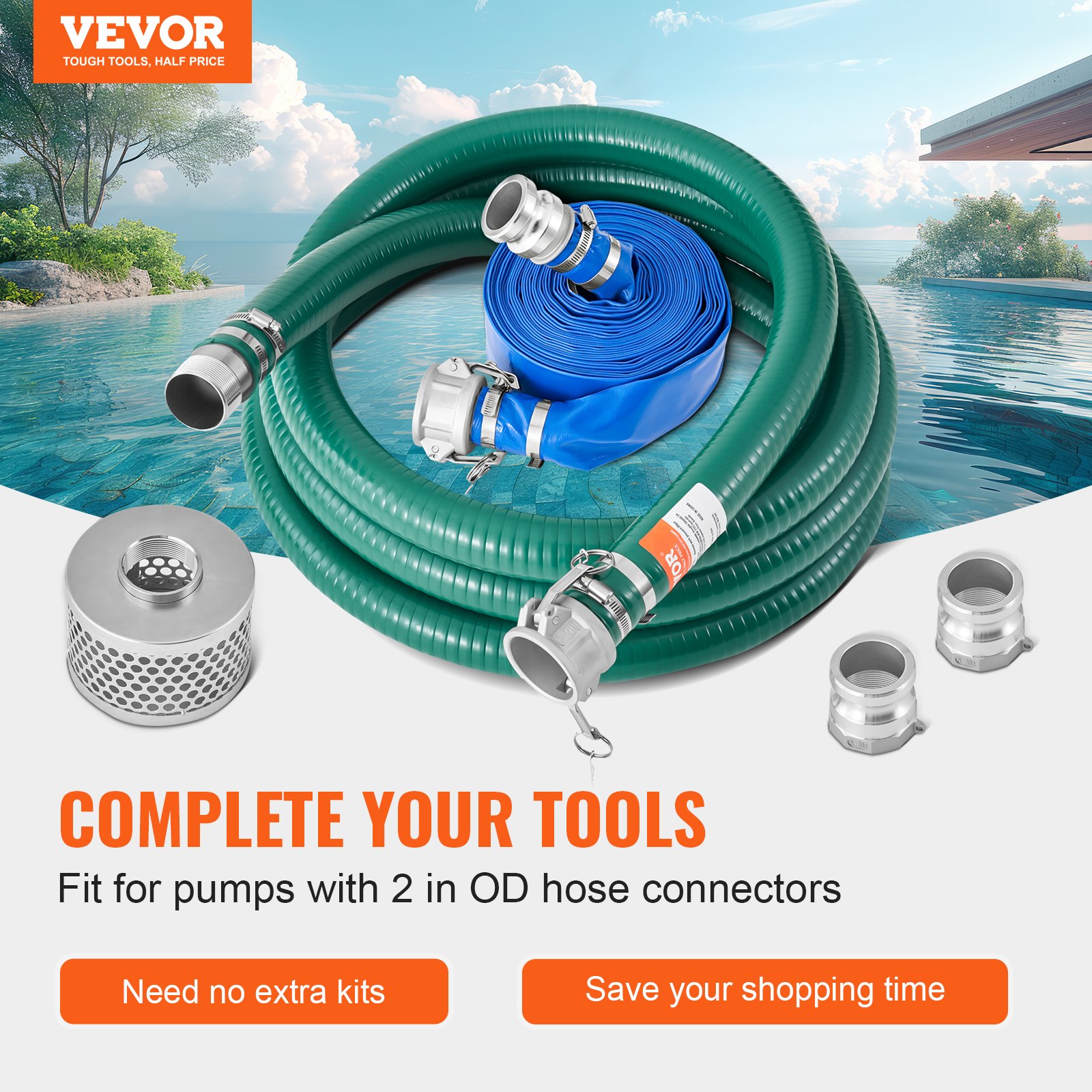 VEVOR 2 Inch Water Pump Hose Kit – 20FT Suction, 50FT Hose