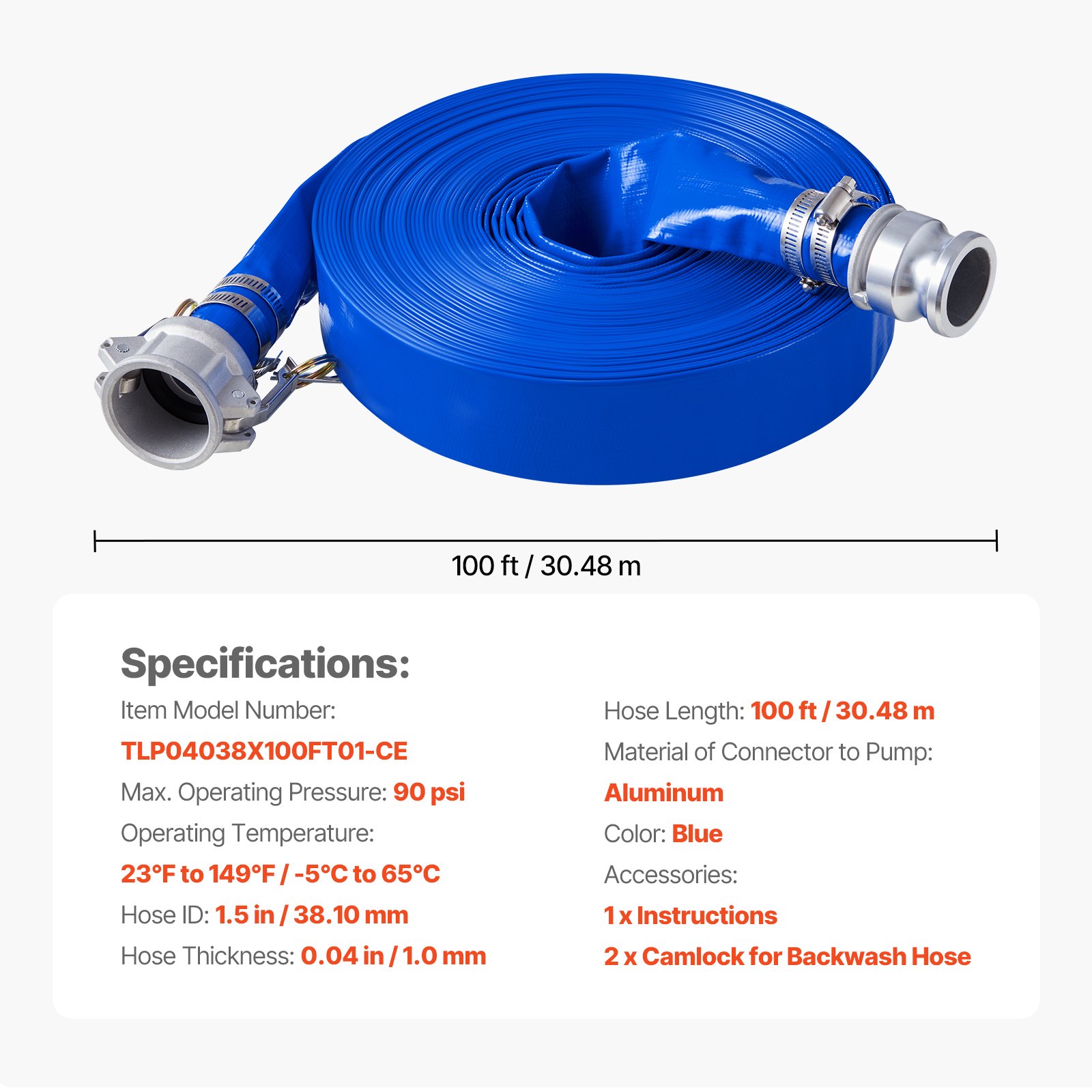 VEVOR Backwash Hose 1.5 in x 100 ft Blue High Quality Hose Complete ...