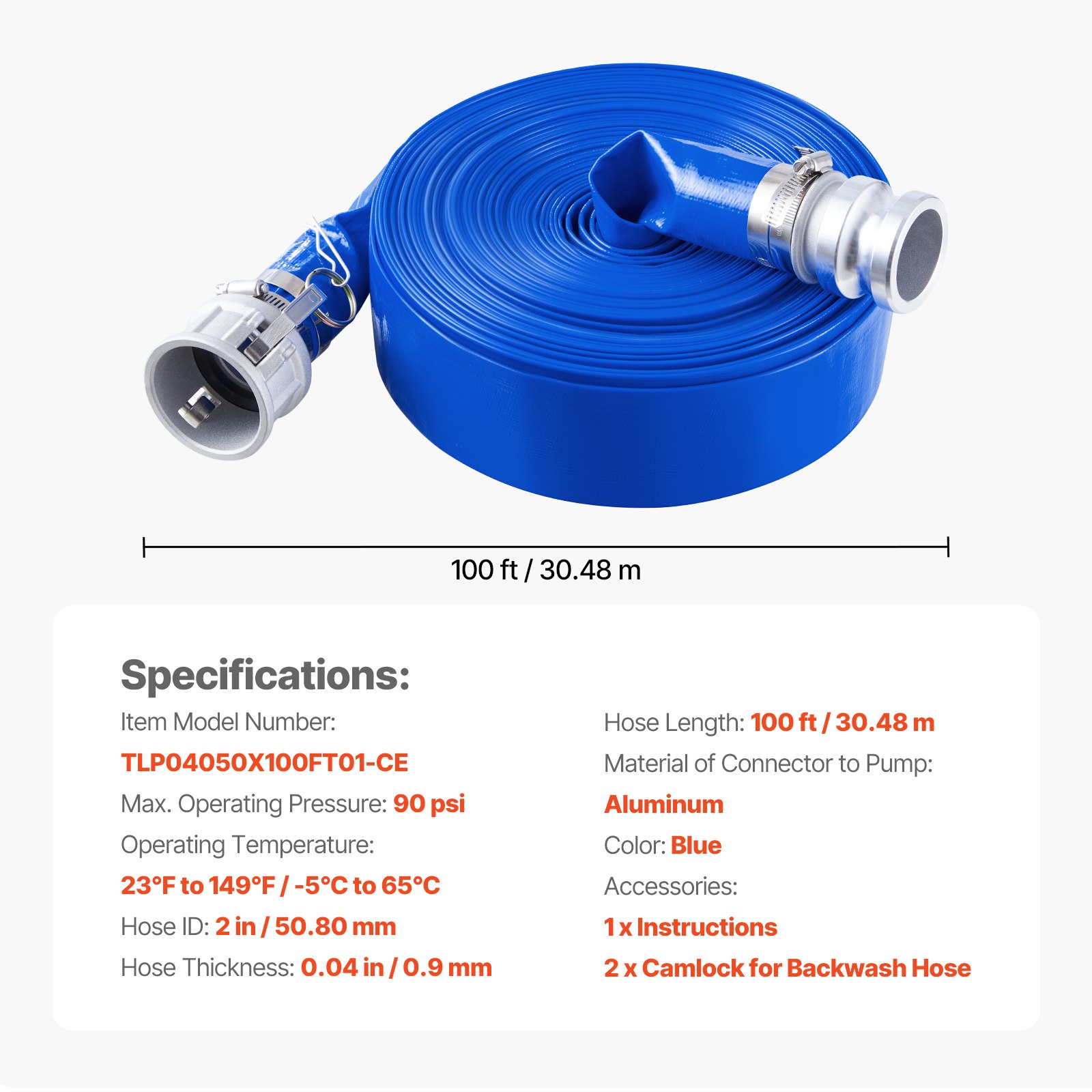 VEVOR Backwash Hose 2 in x 100 ft Blue High Quality Hose Complete ...
