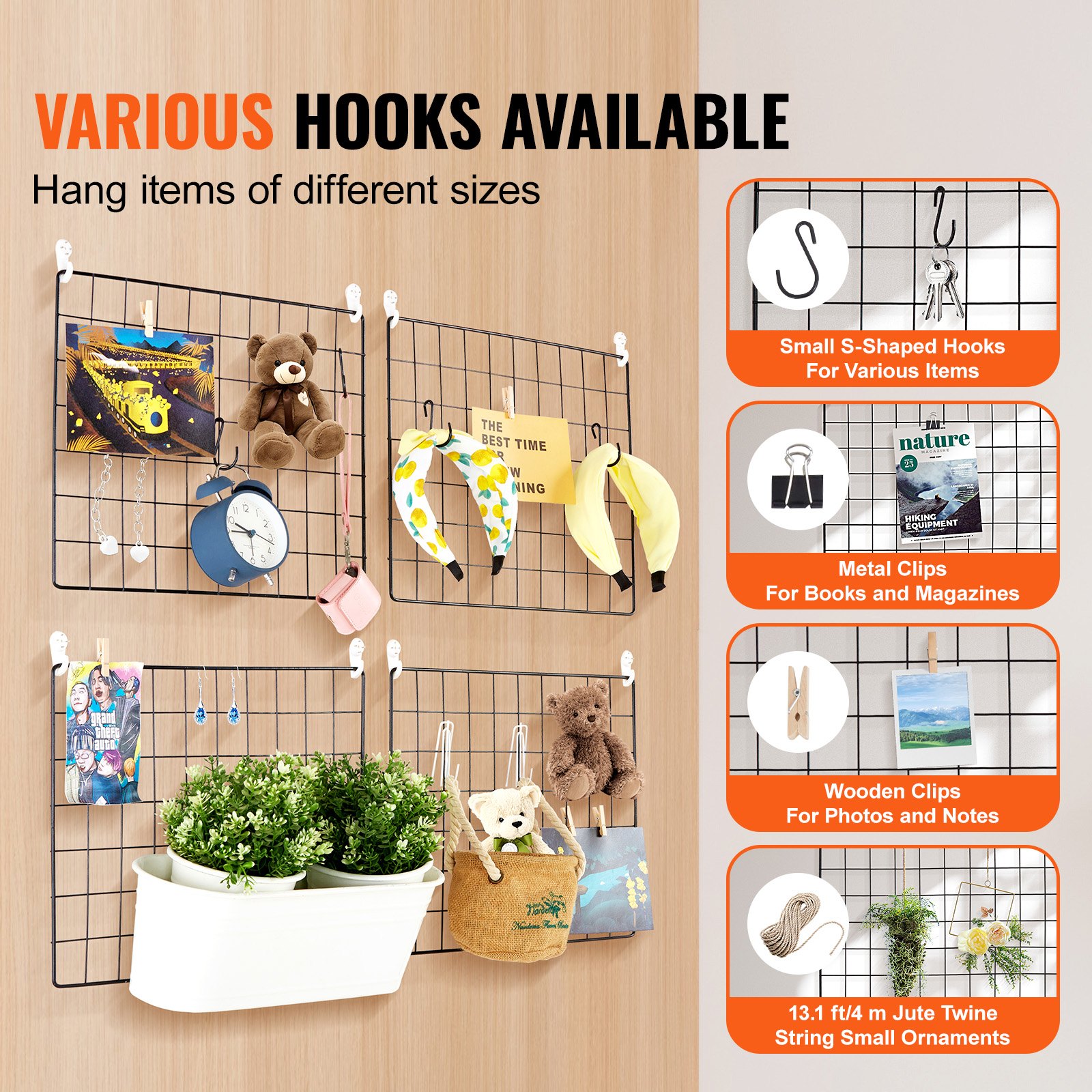 VEVOR Grid Wall Panels, 4 Packs Wire Wall Grid for Photo Pictures ...