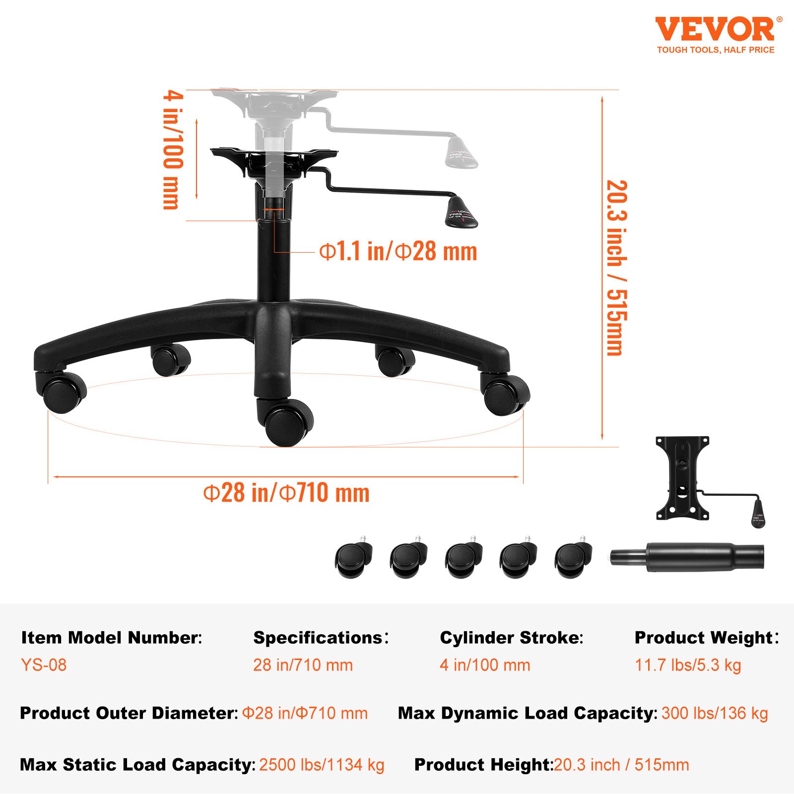 VEVOR Office Chair Base Replacement 28" Swivel Chair Base 2500 lbs 4 ...