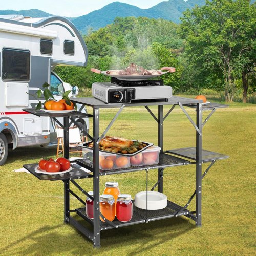 VEVOR Camping Kitchen Table, One-piece Folding Portable Cook Station ...