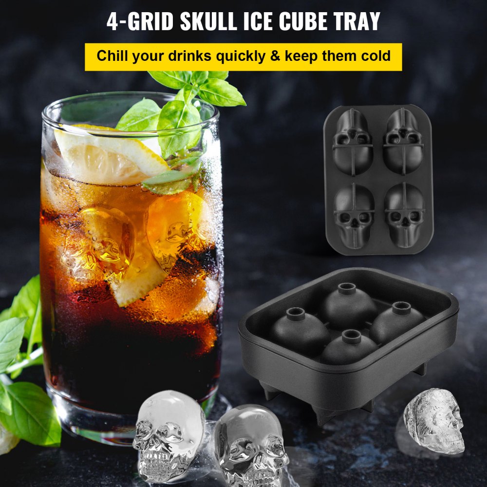 VEVOR Skull Ice Cube Tray, 4-Grid Skull Ice Ball Maker, Flexible Black ...