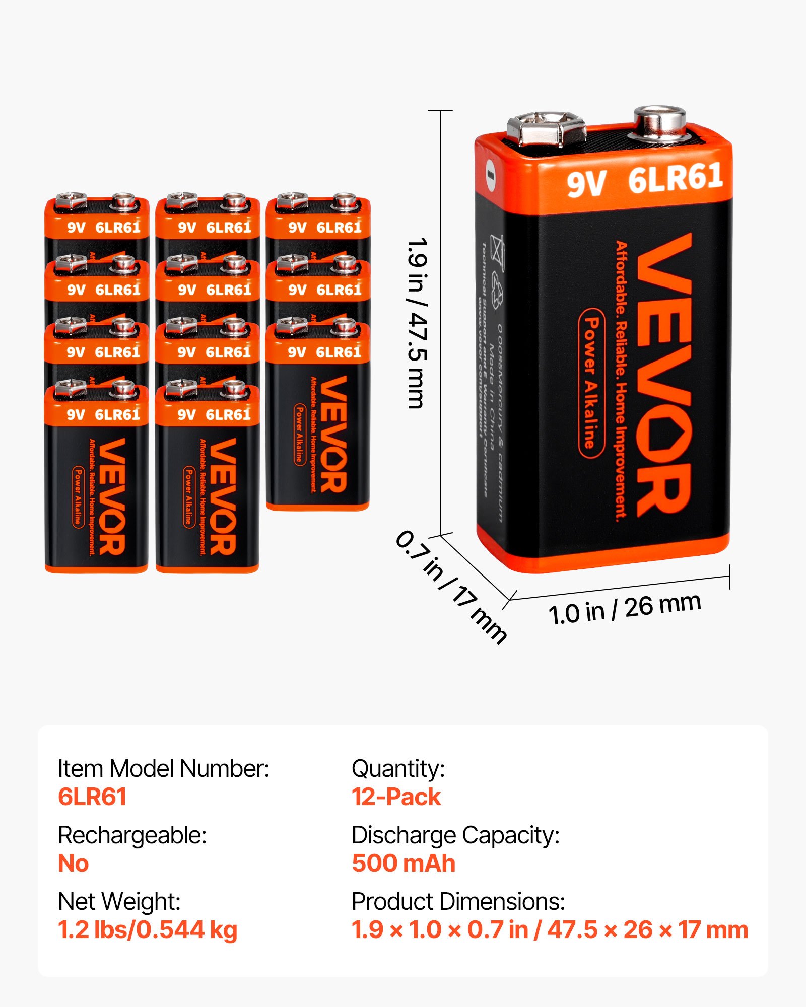 VEVOR 9V Square Battery | 12-Pack Long-Lasting Power