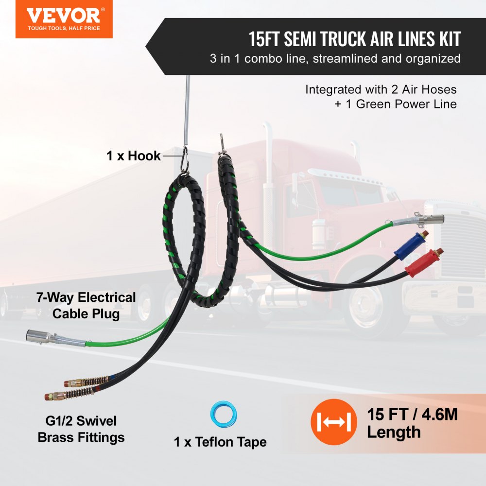 VEVOR 15FT Semi Truck Air Lines Kit, 3-in-1 Air Hoses & ABS Power Line for Semi Truck Trailer ...